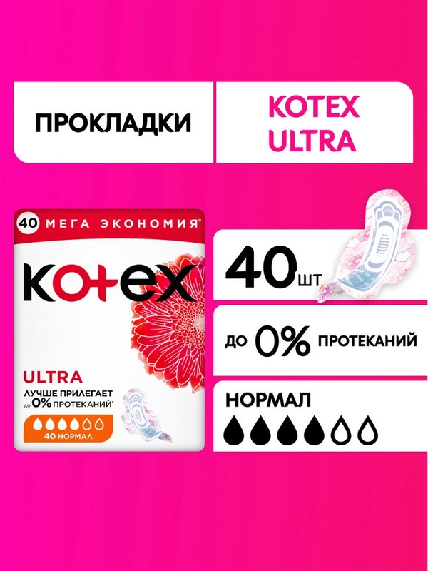 Прокладки Kotex Ultra Нормал, 40 шт купить по цене 459 ₽ в интернет-магазине Магнит Маркет